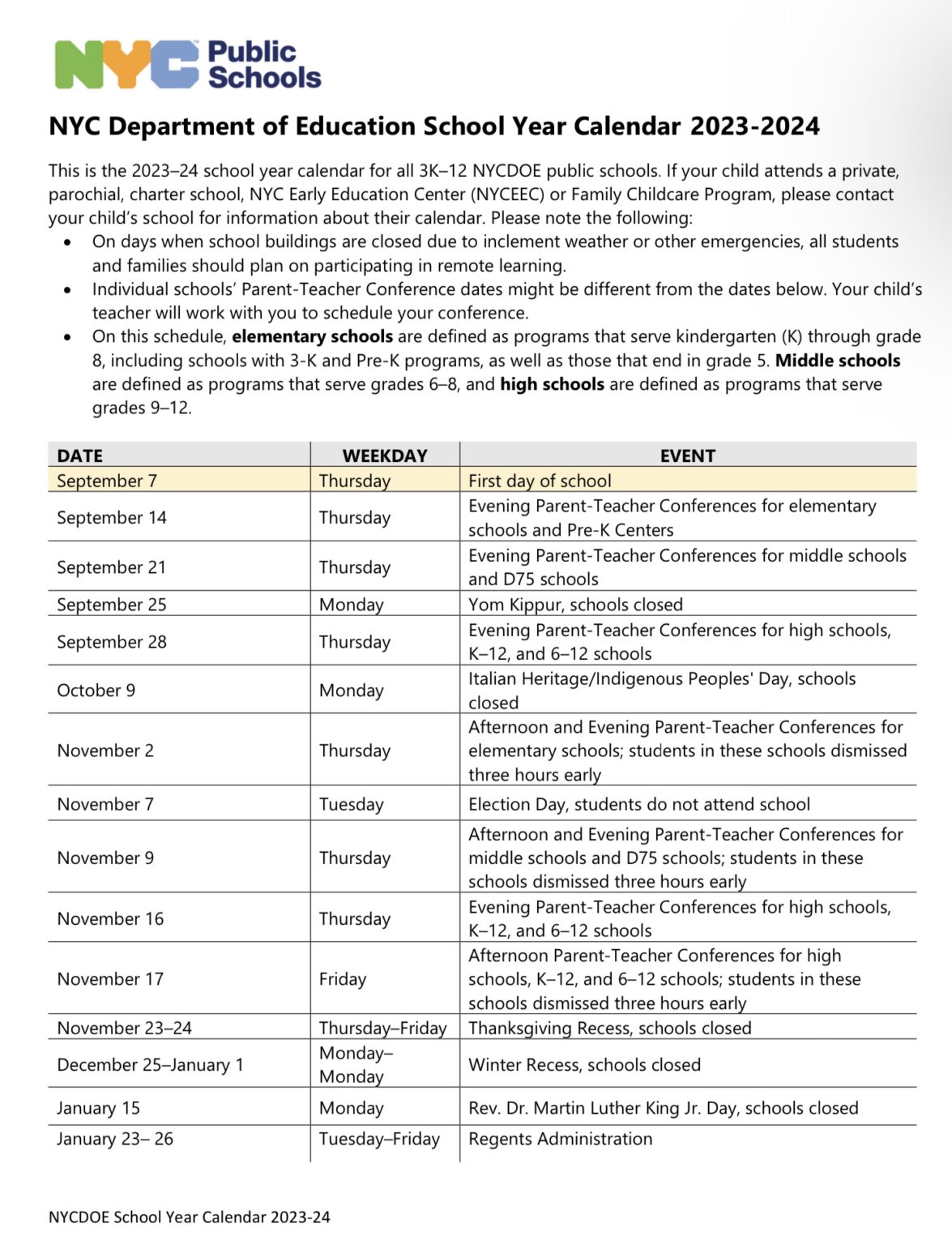 » NYC Public Schools’ 2023-2024 Calendar | Chancellor's Parent Advisory ...